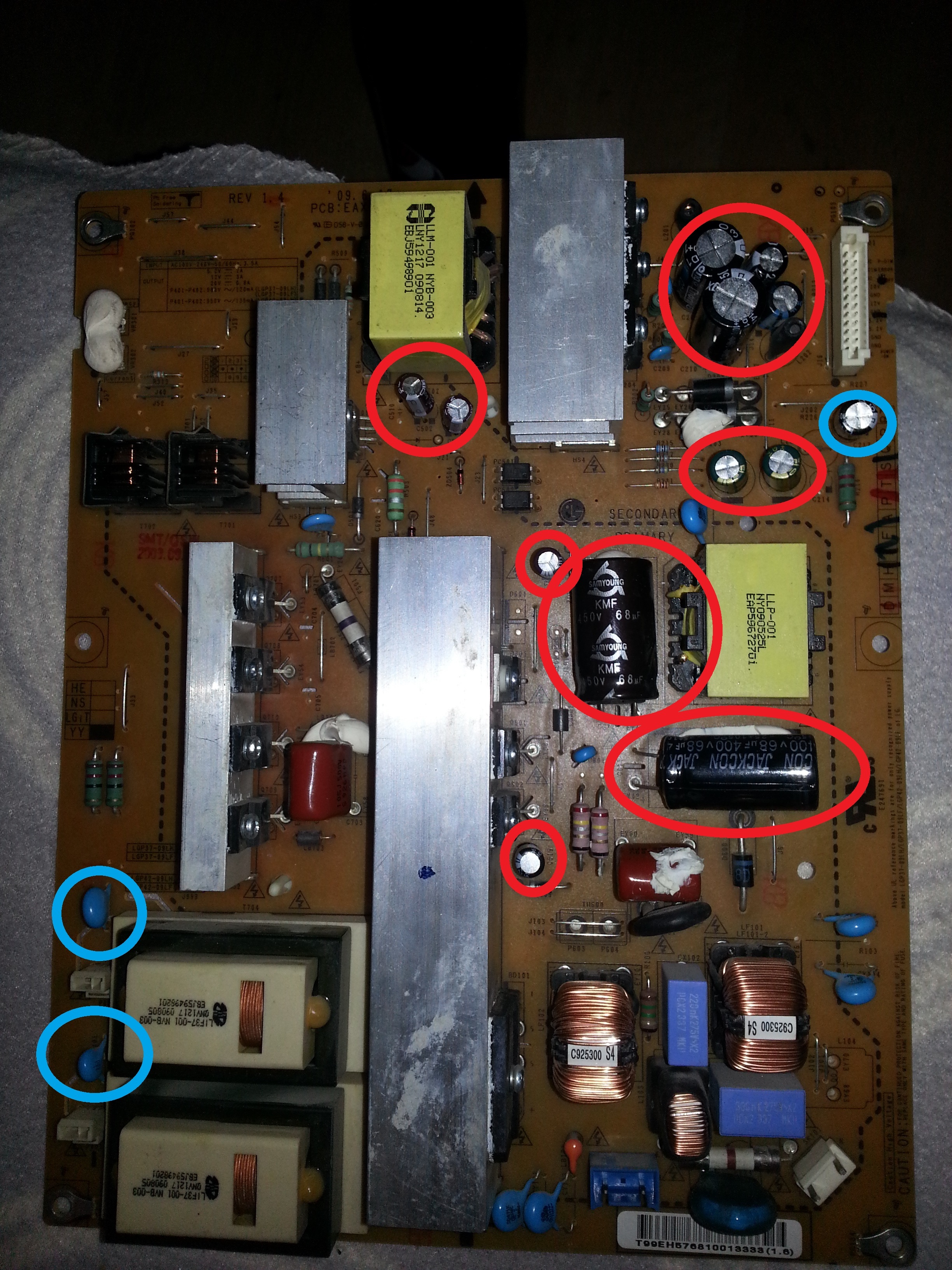 LG 37LH3000 - TV wyłącza się po 5 sek, wymienione kondensatory, brak ...