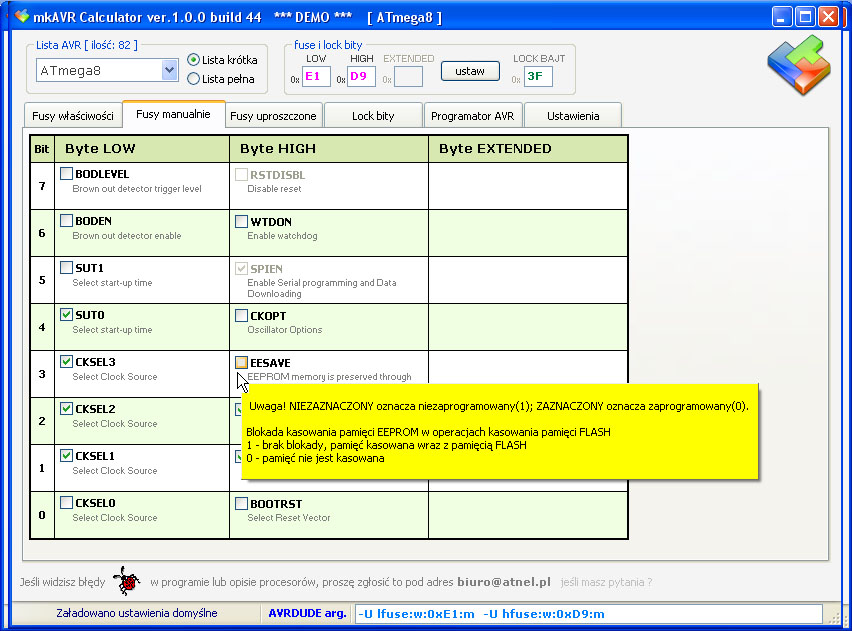 AVR fuse Calculator i programator graficzny z avrdude - 8