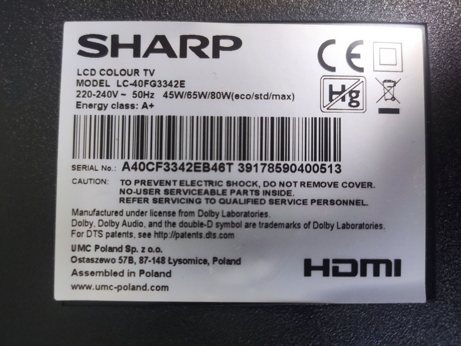 Sharp LC-40FG3342E - Potrzebujesz zrzutu dla Sharp LC-40FG3342E