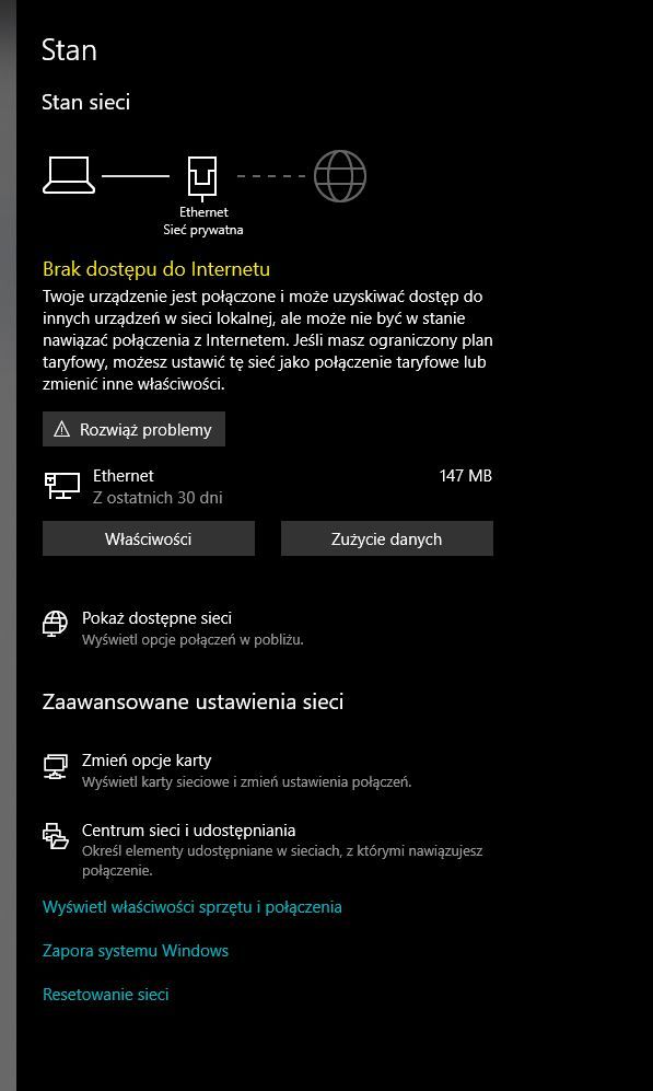 Brak dostępu do Internetu przez kabel na komputerze stacjonarnym.