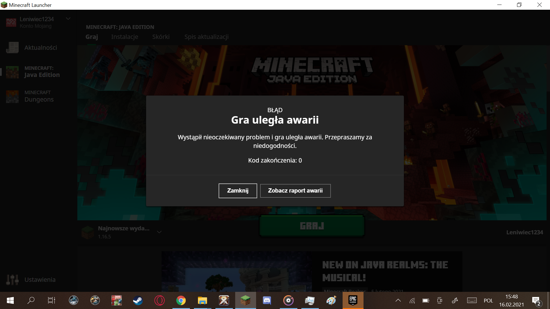 [Rozwiązano] Błąd w Minecraft - Kod zakończenia 0. Ktoś miał? O co chodzi?