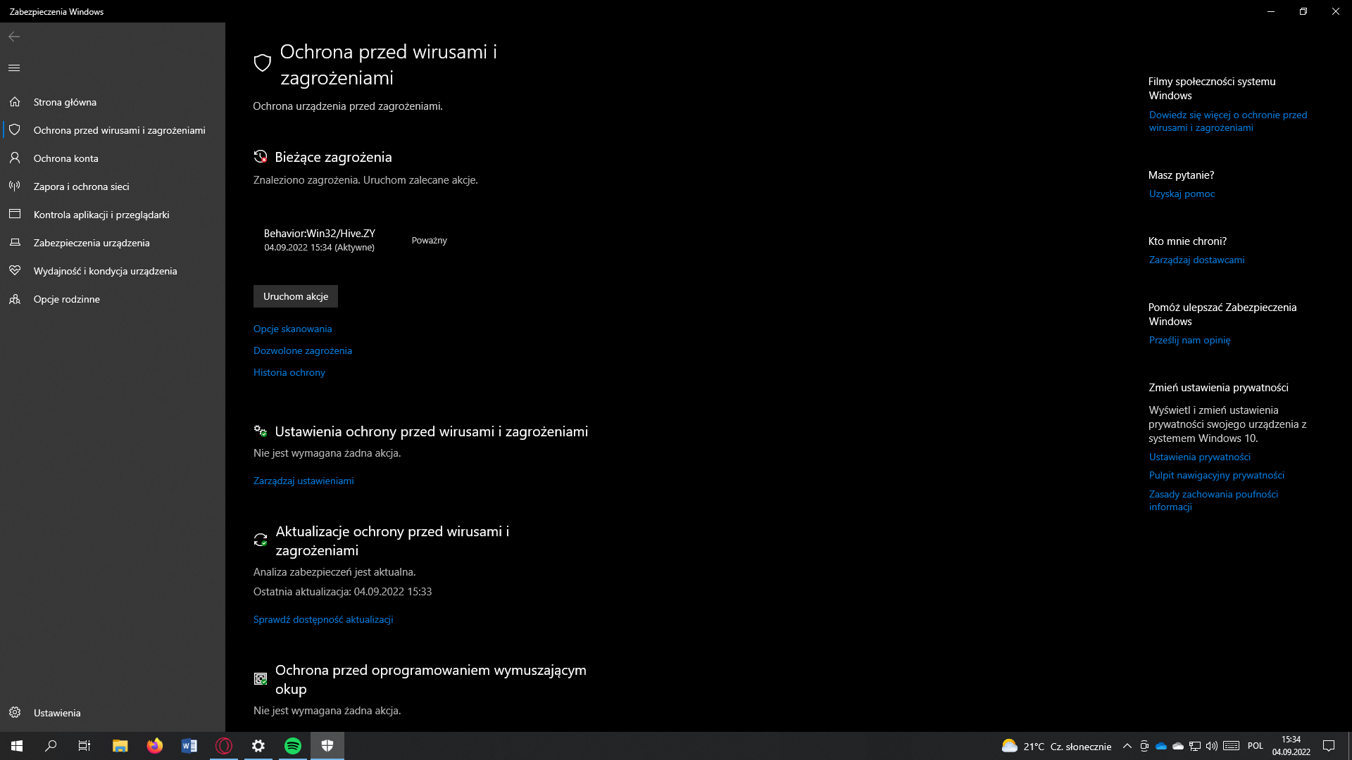 System Windows wysyła informację o wirusie, która po chwili znika.
