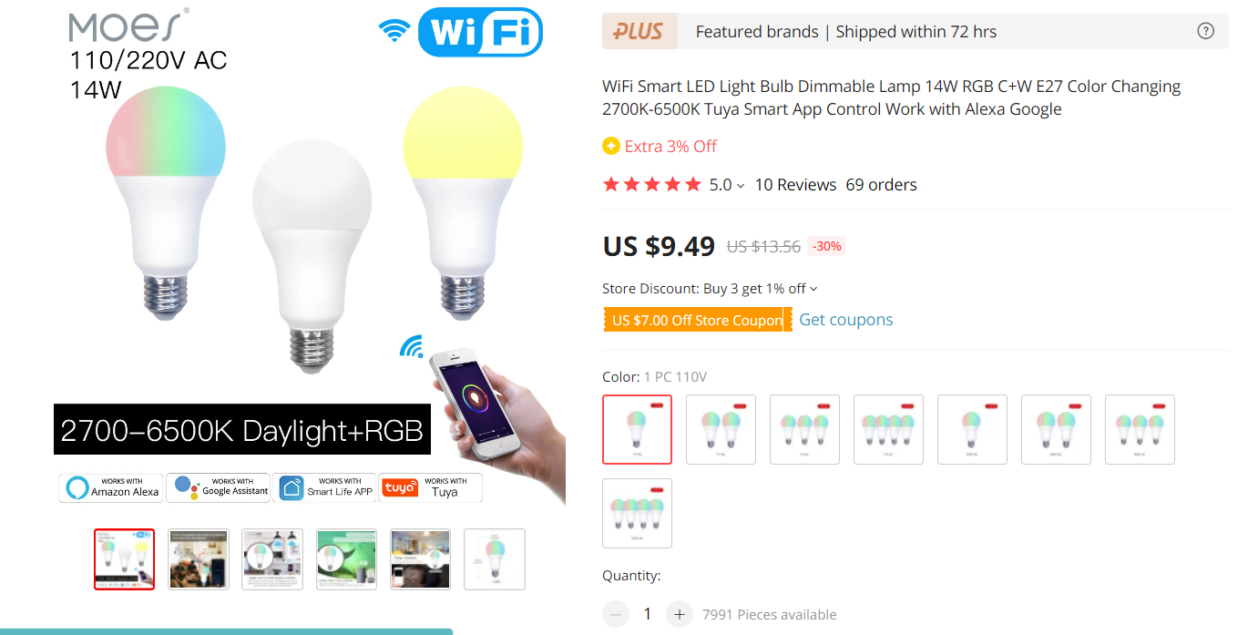 [BK7231 - CB2L] Moes LED Light Bulb 14W RGB C+W E27