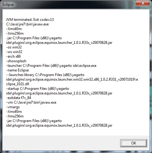 Yagarto Eclipse - [Yagarto] + [Eclipse] [błąd] [JVM Terminated. Exit code=13]