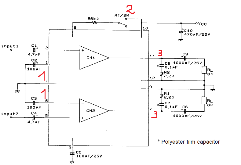 Jak podłączyć LA4282: napięcia kondensatorów i funkcja włącznika?