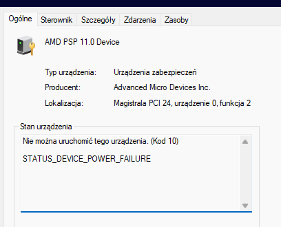 Brak sterownika dla AMD PSP 11.0 na płycie ASRock X670E Pro RS, Win 11